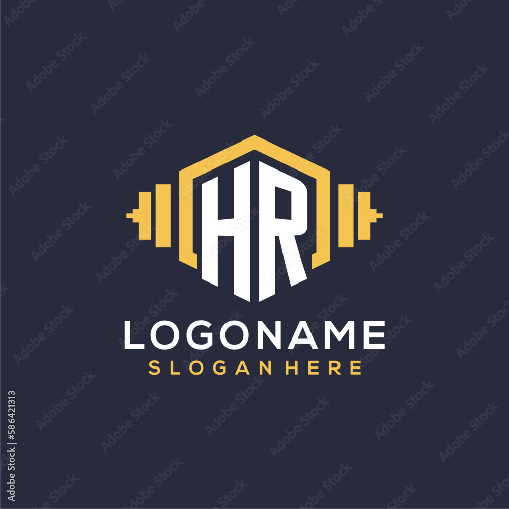 Initial HR logo design for fitness center with creative dumbbell ...