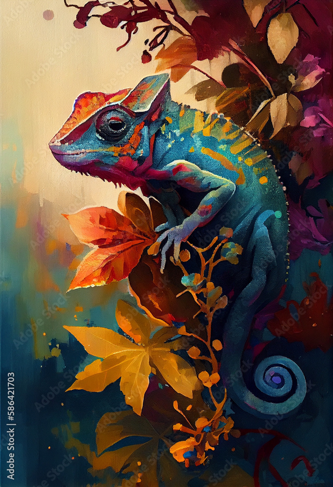 A charming portrait of a chameleon with a dynamic pose is depicted in ...