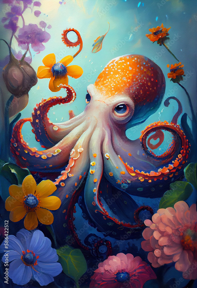 A charming portrait of a octopus with a dynamic pose is depicted in ...