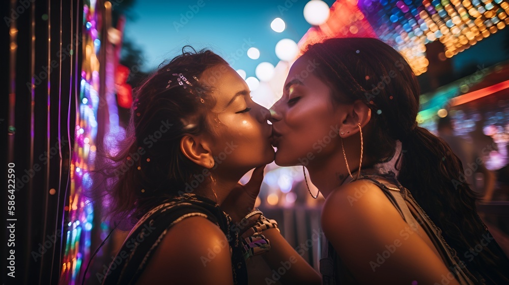 Young lesbian couple kissing at an EDM music festival, rave Stock Photo | Adobe Stock