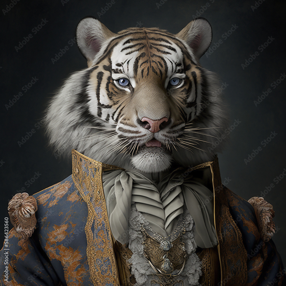 Realistic lifelike glam tiger in baroque noble regal 18th century ...