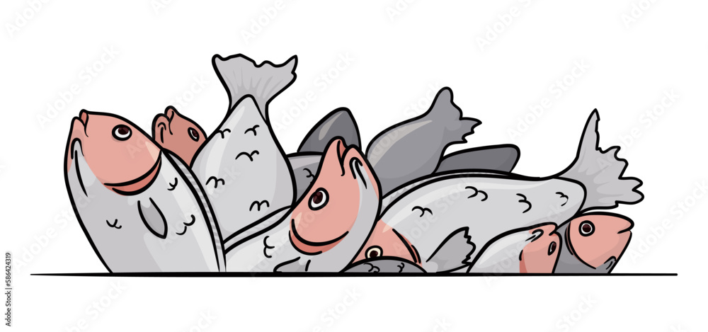 Dividing line with a group of fish in cartoon style and outlines ...