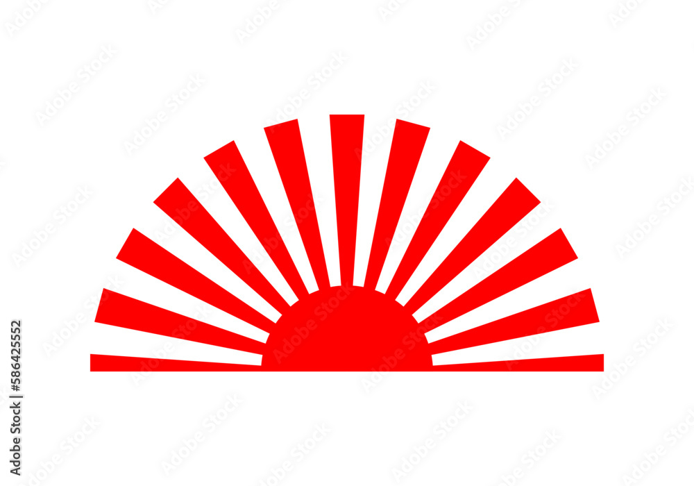 Red sun with sunlight rays sunrise or sunset japanese style icon on ...