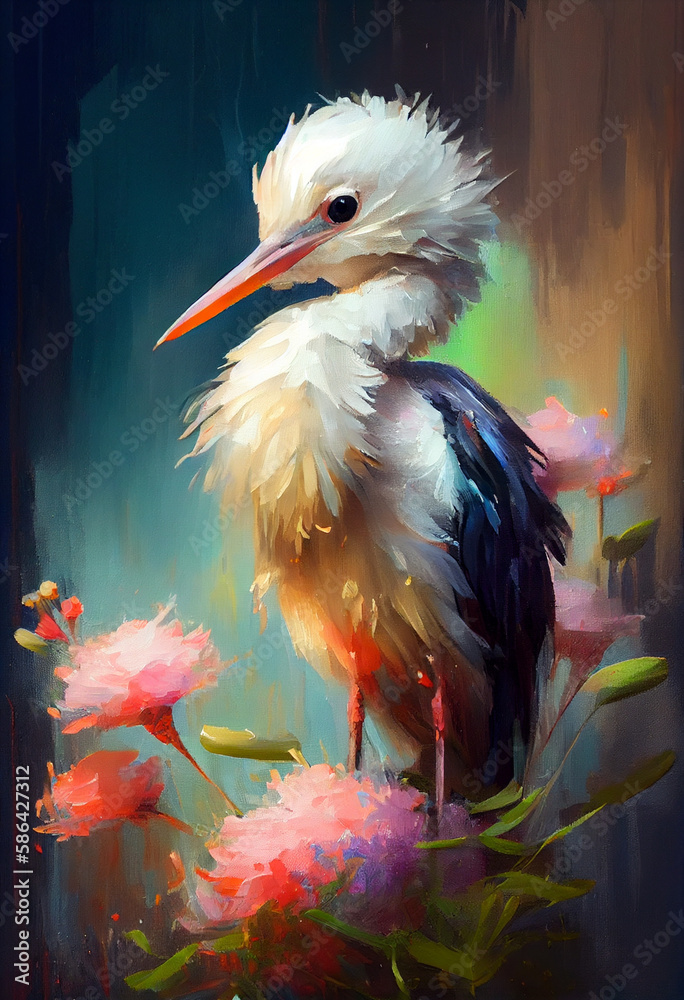 A charming portrait of a stork with a dynamic pose is depicted in this ...