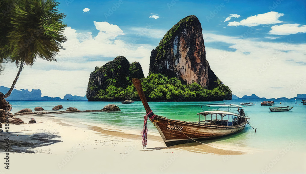 Thai sea beach, tropical island, sea view, longtail boat. Summer ...