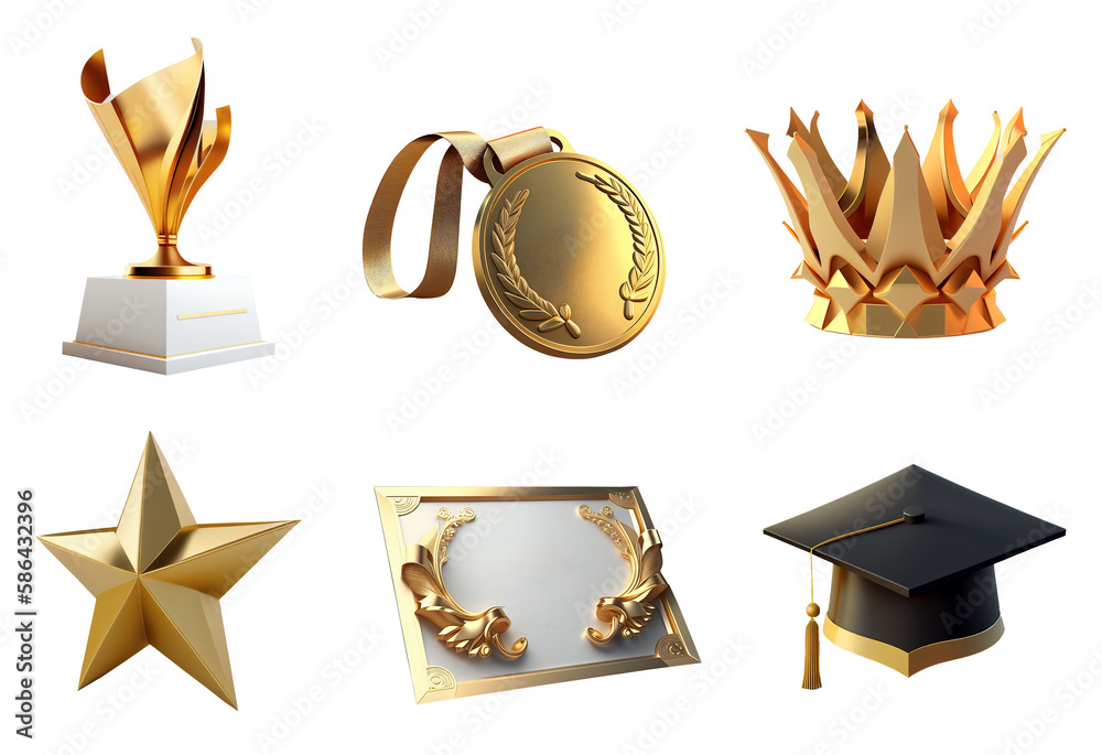 3d illustration Awards icon objects set. Crown, medal, certificate ...