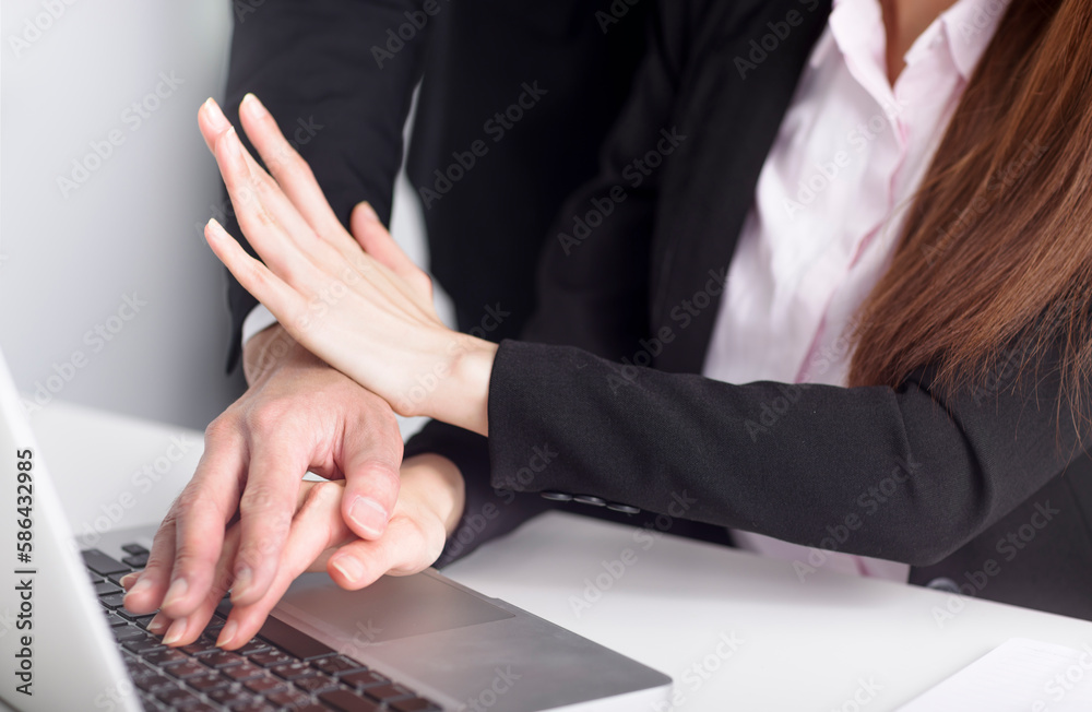 Business man touching woman hand feeling disgusted and uncomfortable ...