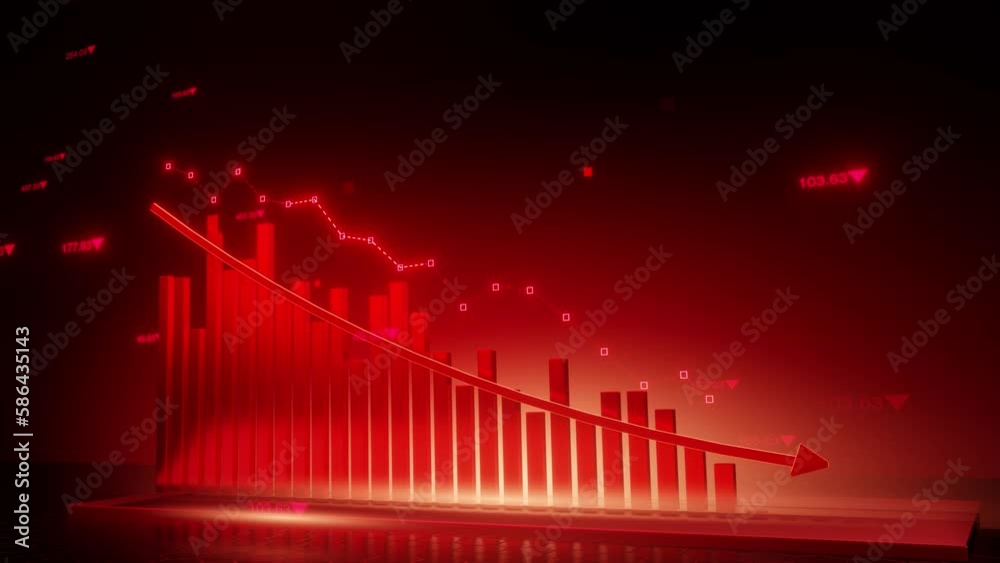 3d red bar graph fall down following the arrow, 4k resolution vídeo do ...