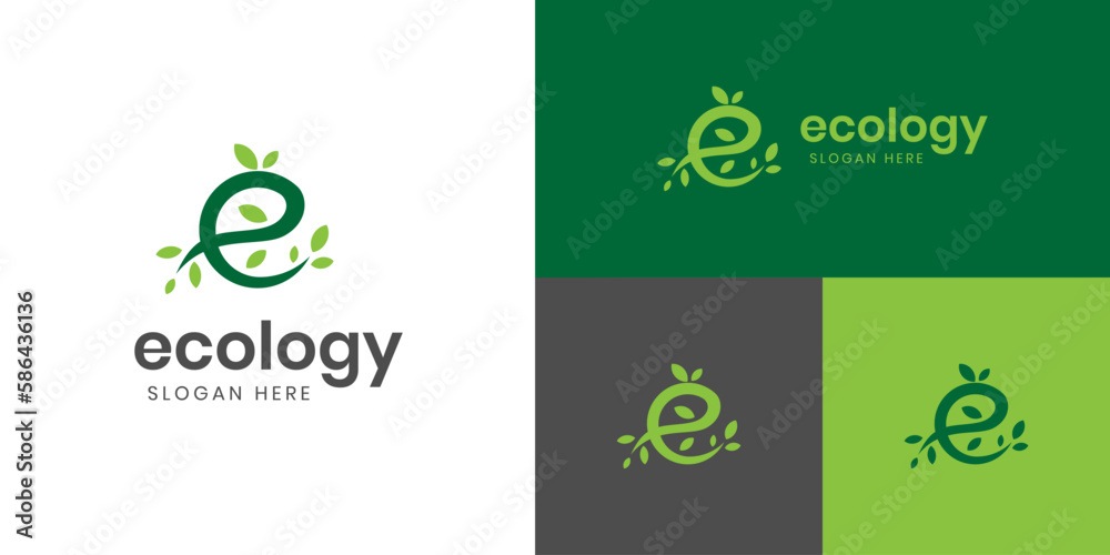 letter E ecology logo icon design with leaf or nature green plant ...