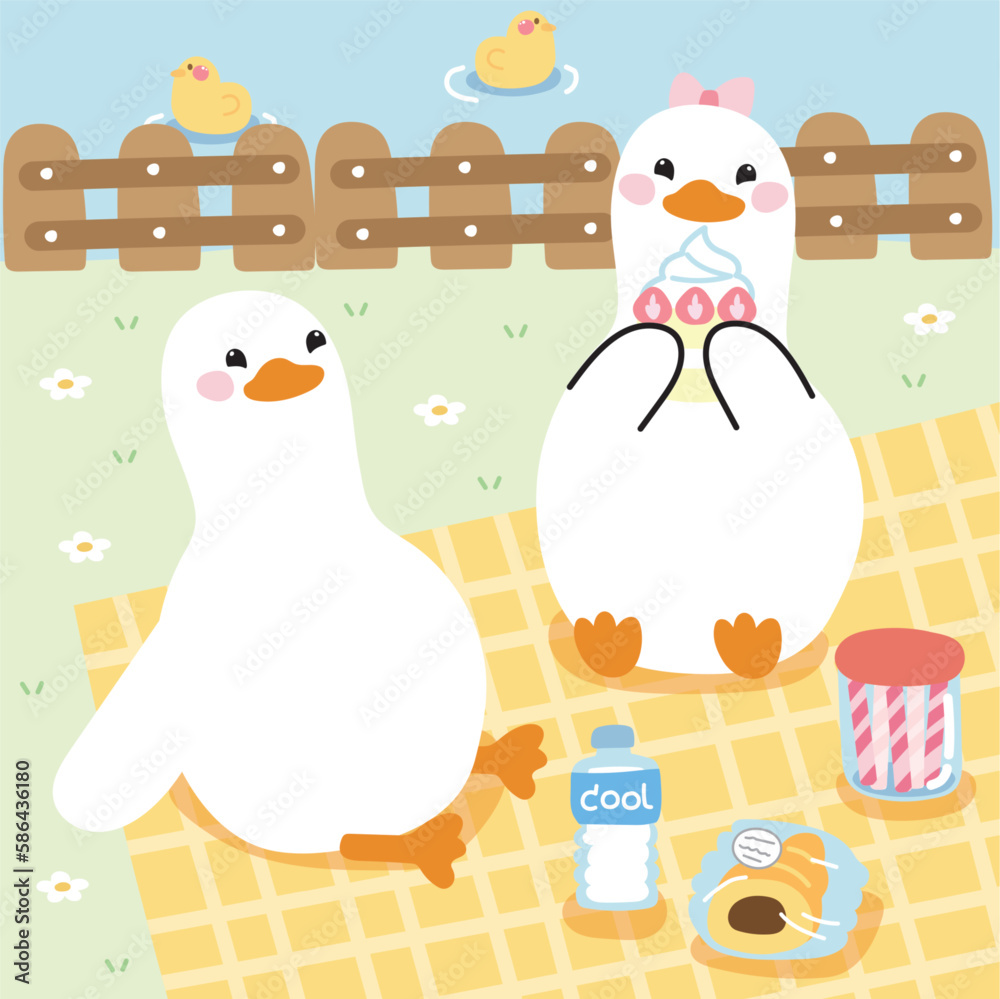 Cute duck sit and eat cake in the garden with river for picnic.Farm ...