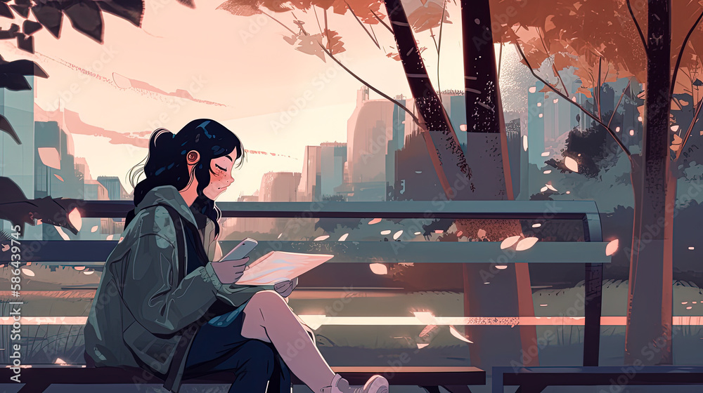 Girl reading book in street bench A calming lo-fi art scene depicting ...