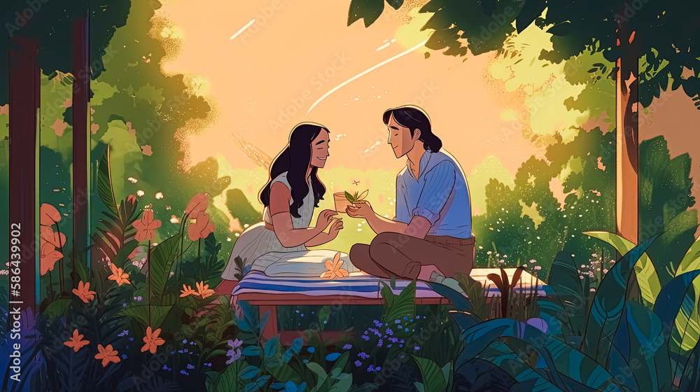 couple on the garden, A calming lo-fi art scene depicting girl and boy ...