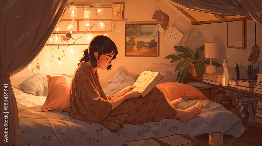 woman reading book in bed A calming lo-fi art scene depicting an ...