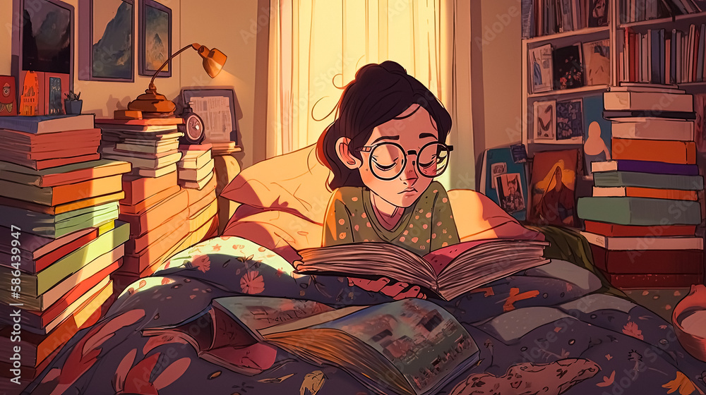 woman reading book in bed A calming lo-fi art scene depicting an ...
