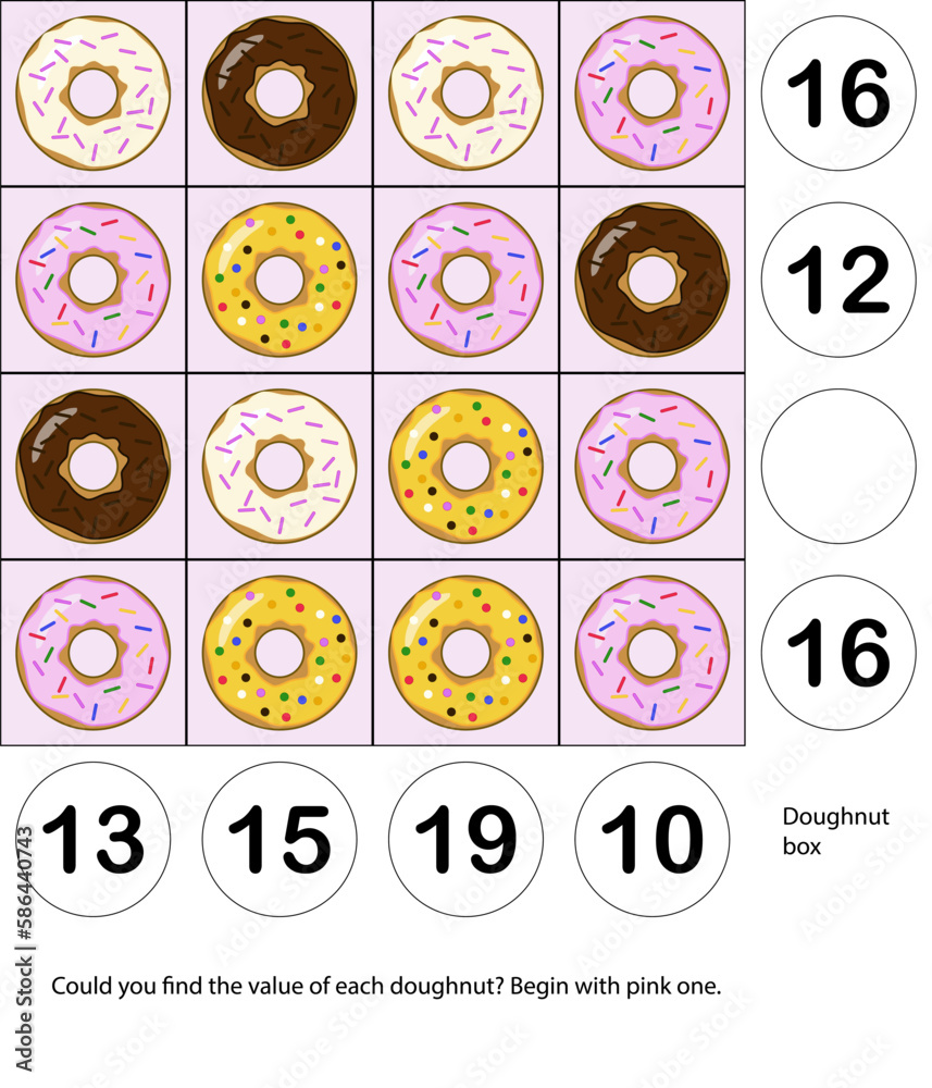 Vector illustration with doughnuts in sum box. Mathematic logical ...