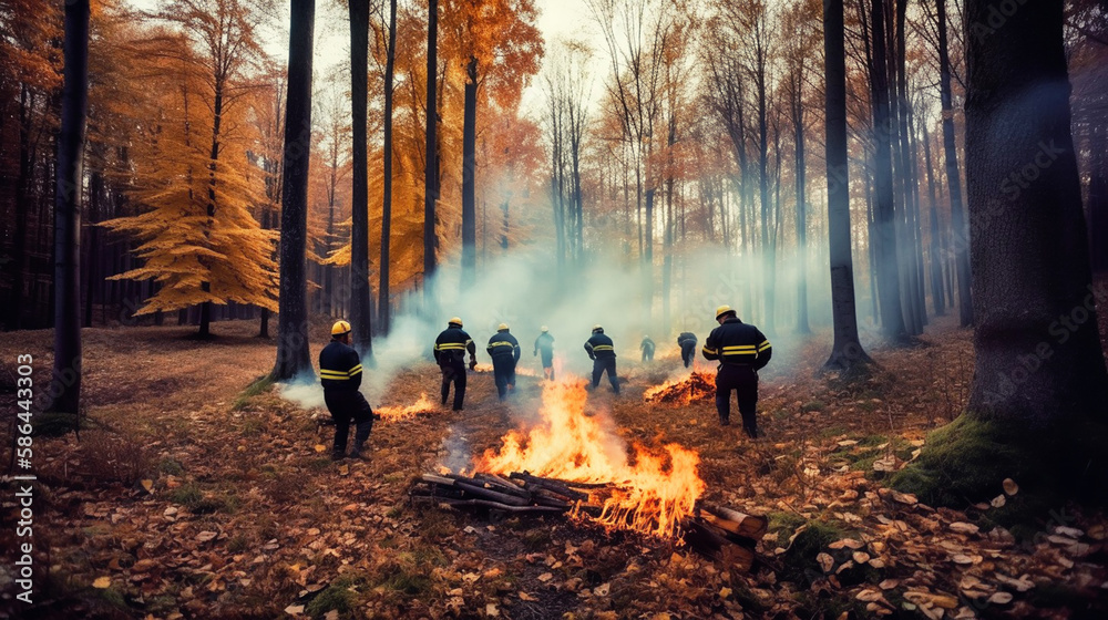 Firemans wearing firefighter turnouts and helmet. Dark background with ...