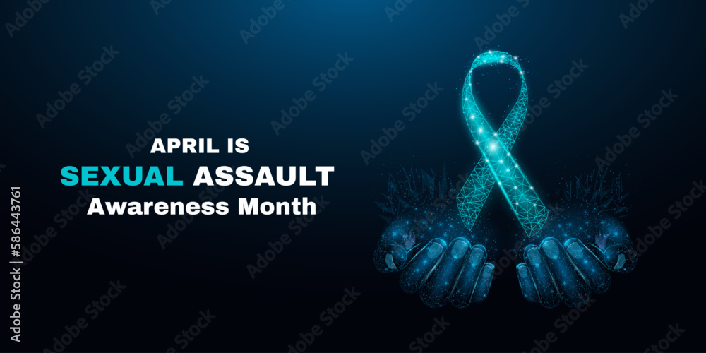 Sexual assault awareness day concept. Two human hands are holds teal ...