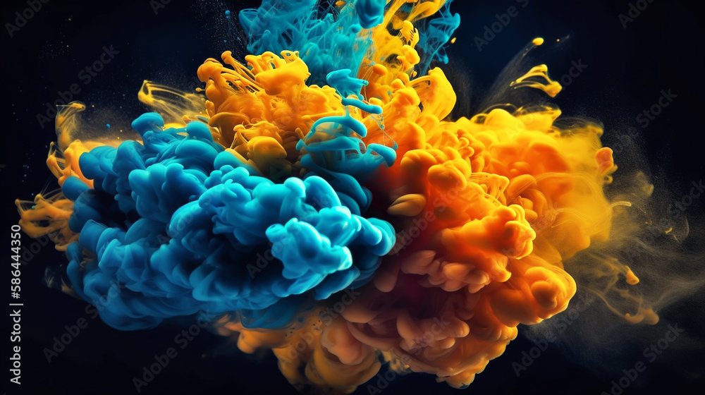 ink in the water. A splash blue and yellow paint. Abstract background ...