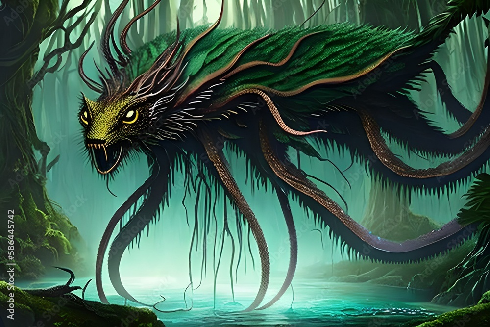 An otherworldly creature with glowing eyes emerging from a pool of ...