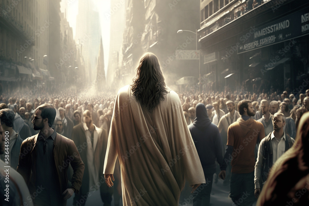 Jesus Christ walking on the street in the crowd. Easter concept ...
