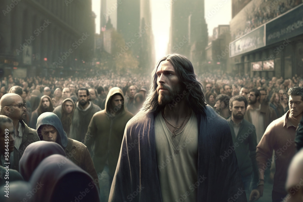 Jesus Christ walking on the street in the crowd. Easter concept ...