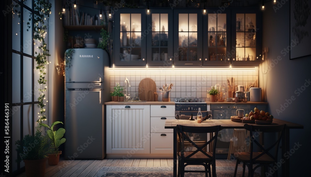 Scandinavian interior style kitchen at night with strings of light ...