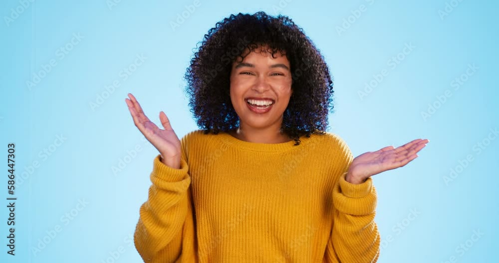 Happy, dancing and face of a woman in a studio for celebration, success ...