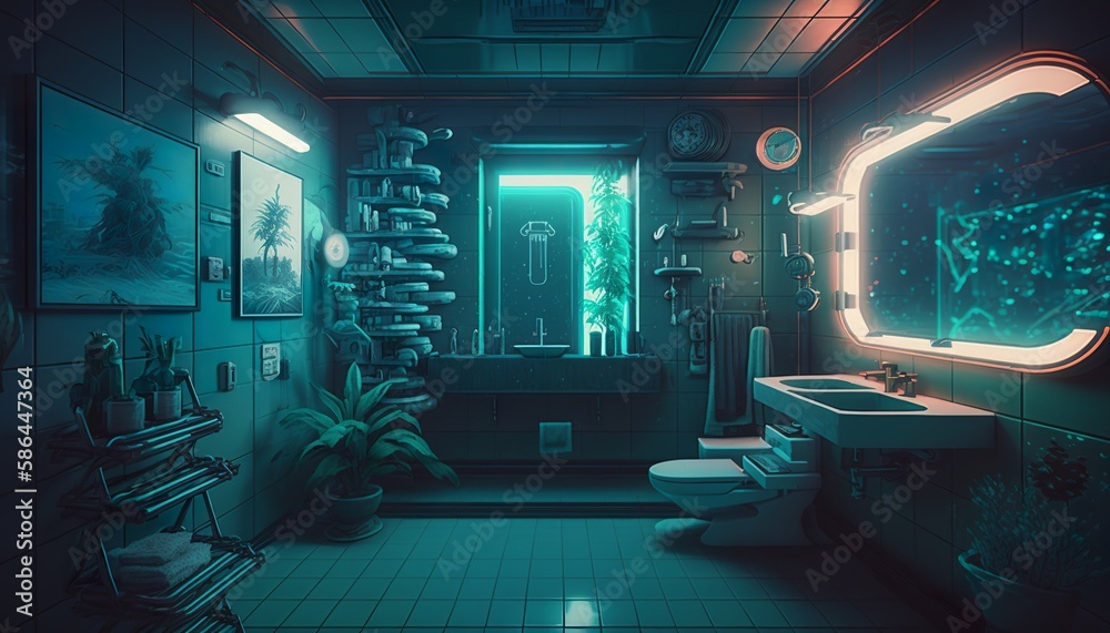Futuristic cyberpunk style bathroom interior with mirror and neon ...