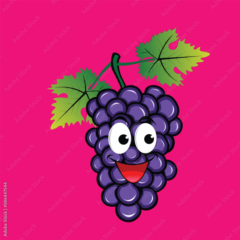 Cute cartoon grape. Cartoon fruit character set. Funny emoticon in flat ...