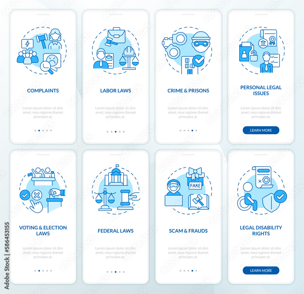 Legal cases blue onboarding mobile app screen set. Laws, regulations ...