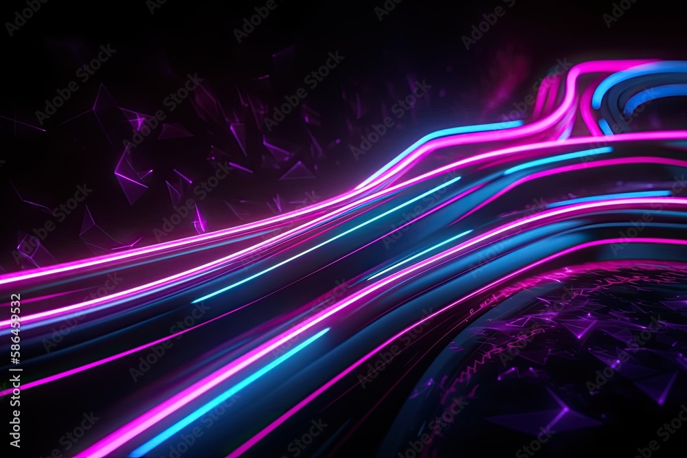 a 3d render, abstract black background with pink blue neon lines ...
