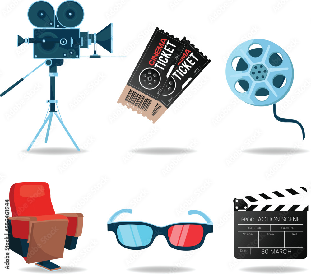 Cinema 3D realistic object bucket set with glasses, camcorder, movie ...