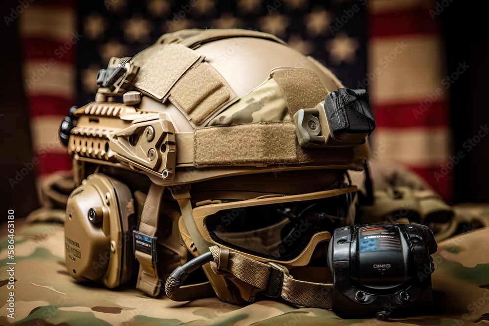 Special Forces FAST Helmet with US Flag, NVGs, and Multicam. Photo ...