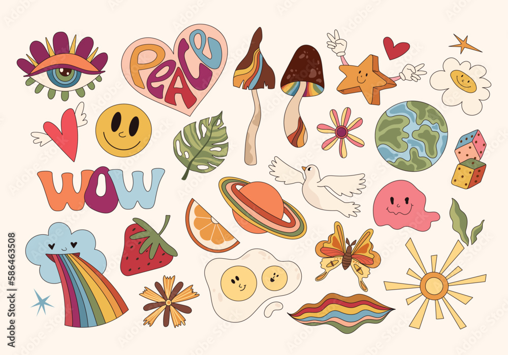 Groovy retro isolated clip art bundle, 70s nostalgia, hippie old ...