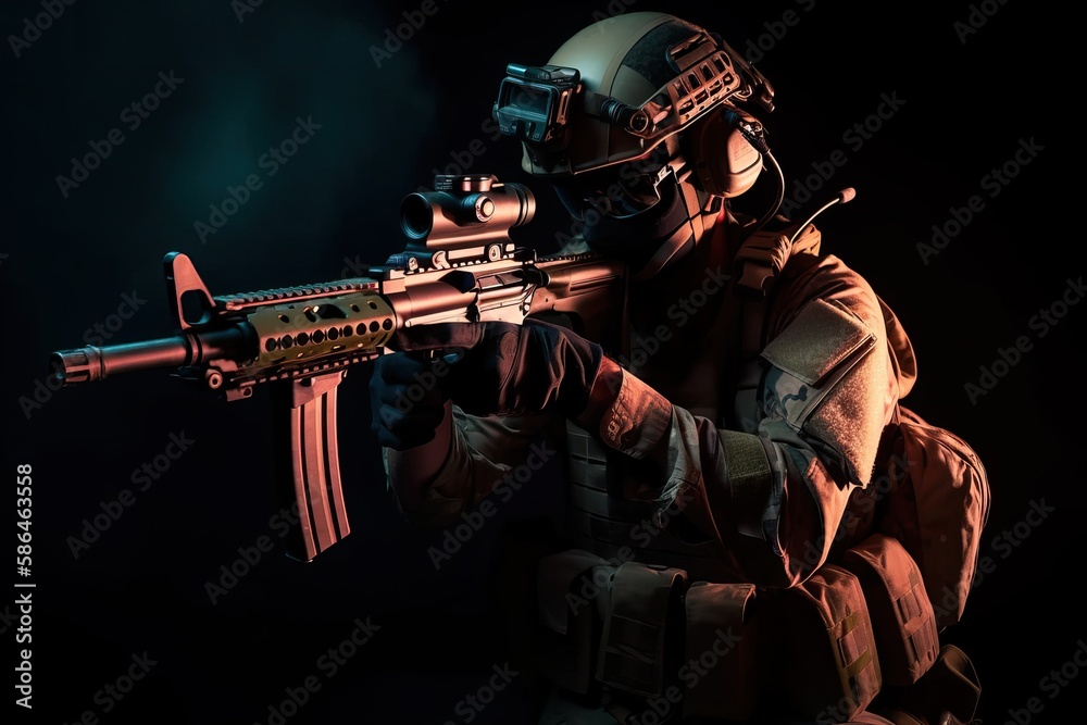 Soldier equipped with armor, helmet, goggles and rifle, attacking in ...