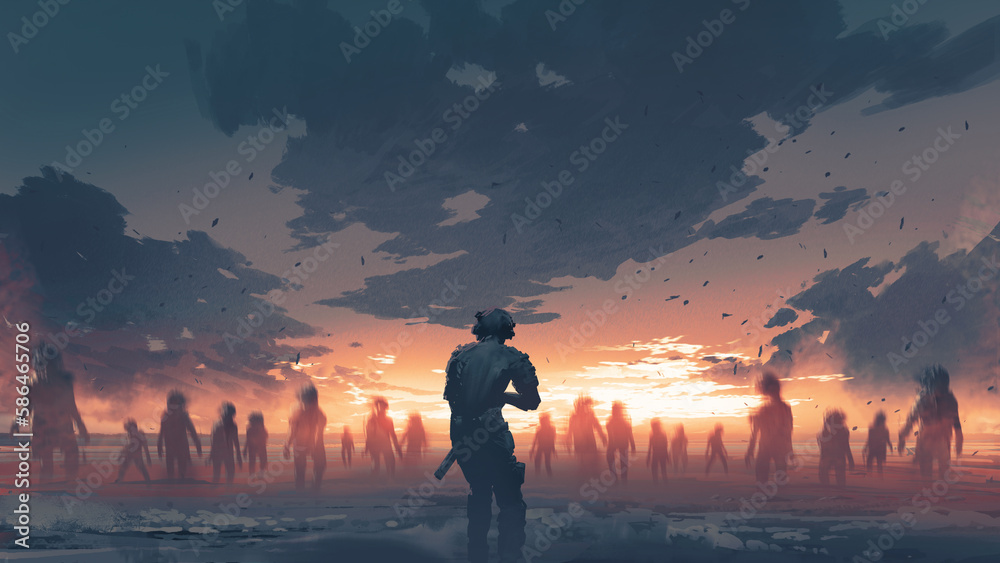 surviving soldier face a crowd of ghosts on the beach, digital art ...