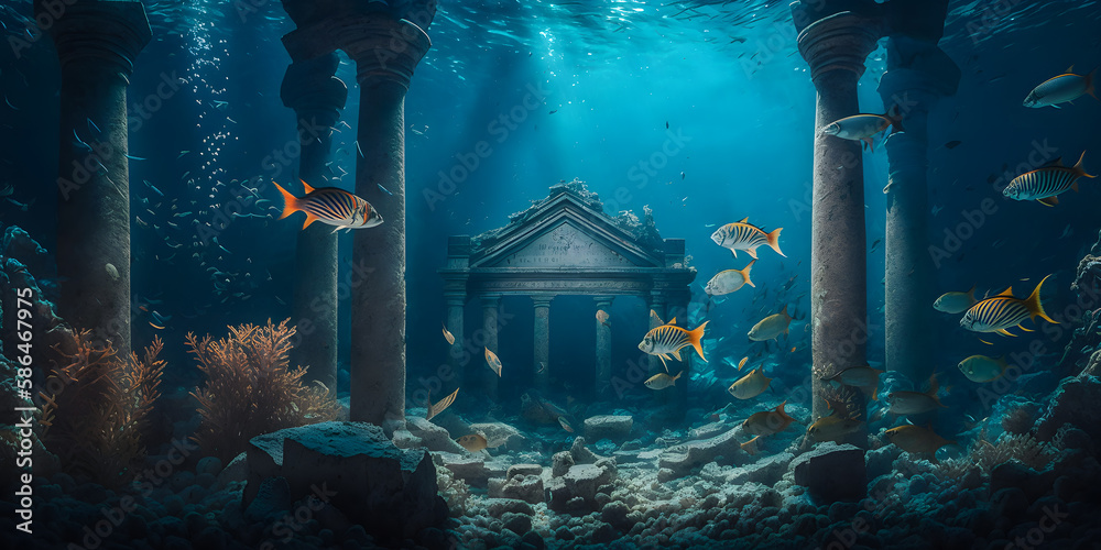 Ancient lost city of Atlantis underwater city of mythology with fish ...