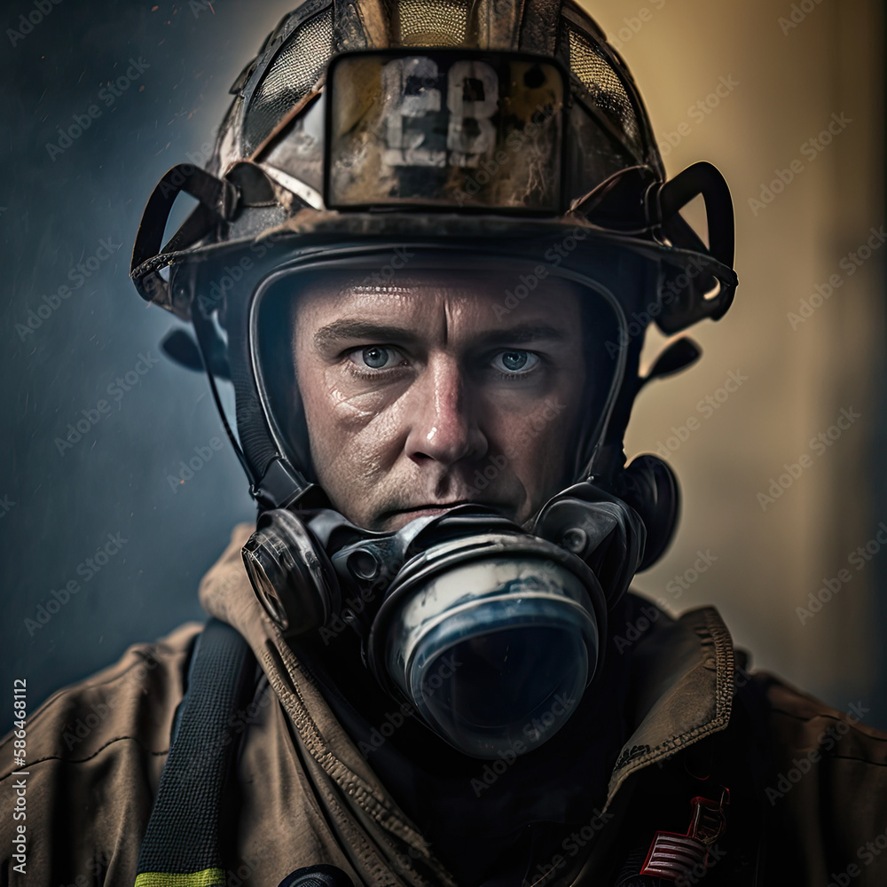 Portrait of a fireman putting out a fire. He is wearing an oxygen mask ...