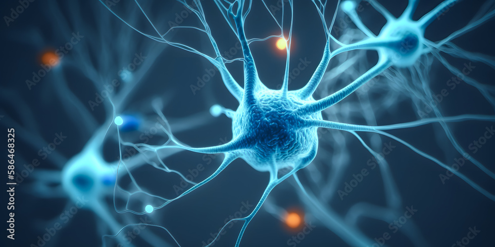 Nerve cell biology background, neuron of brain with synapses, red and ...