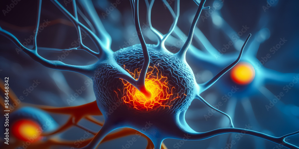 Nerve cell biology background, neuron of brain with synapses, red and ...