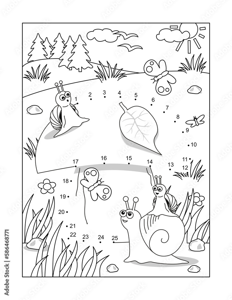 Snails and mushroom dot-to-dot activity page Stock Illustration | Adobe ...