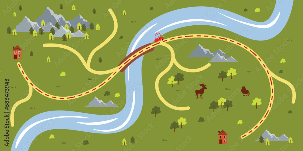 Vector illustration of a camping map in cartoon style. The road by car ...