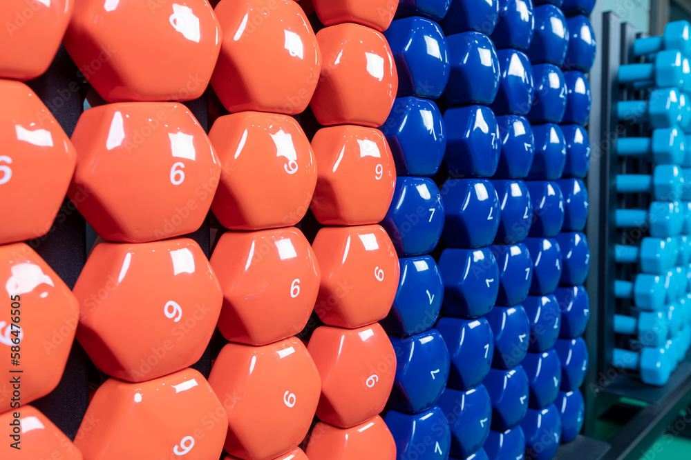 Perfectly evenly spaced red and blue sports dumbbells of different ...