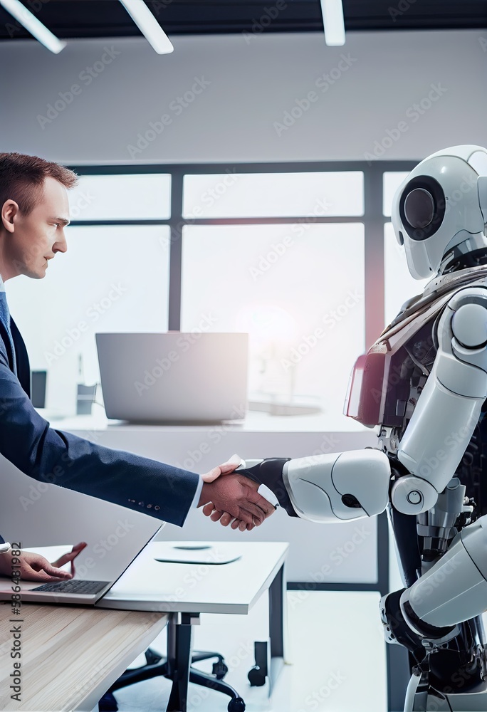 man an ai robot work together, man and android waiting for job ...