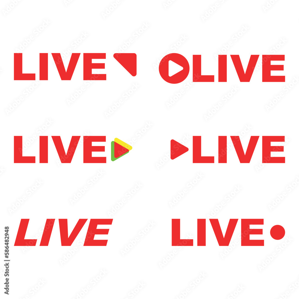 Live broadcast icons set. Red symbols and buttons of live broadcast ...