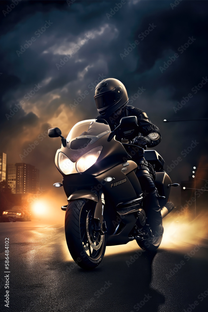 Night Motorcycle rider, poster for movie scene , ai generative Stock ...