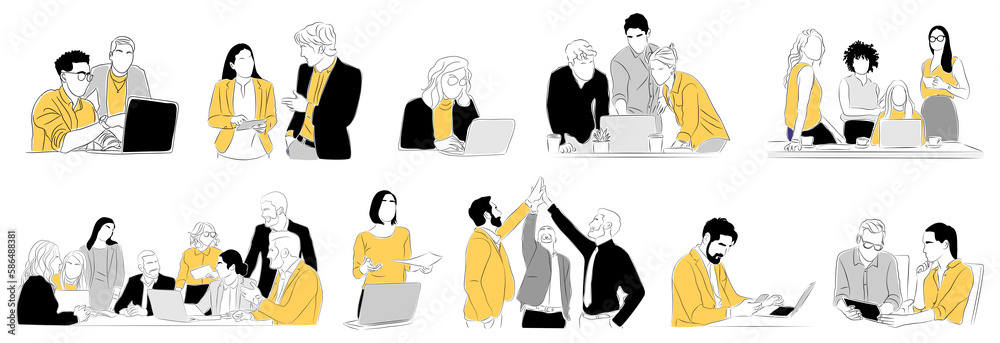 Business team members working together scene. Business men, women ...