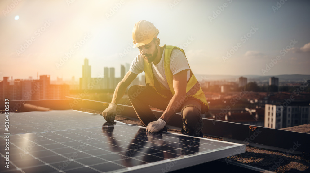 Solar expert installing green energy panels for sustainable living ...