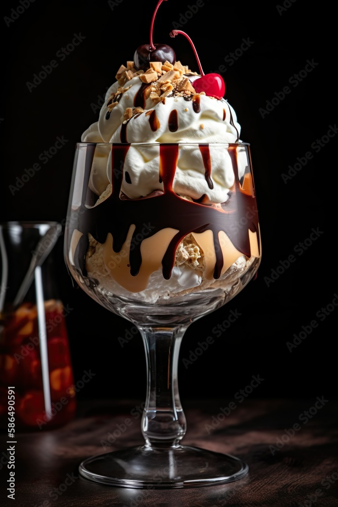 Tall coupe Denmark sundae in a large beautiful and tall glass, vanilla ...
