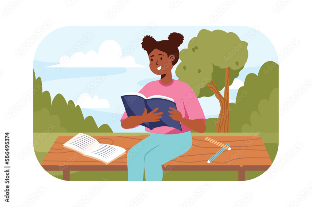 Kid reading book kids concept with people scene in the flat cartoon ...